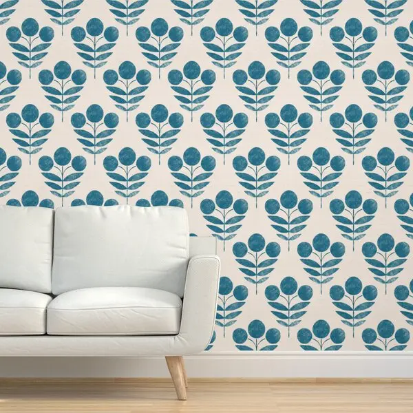 Spoonflower Mina's Mod Blooms Simple Block In 100% Natural Sisal Grasscloth Wallcovering