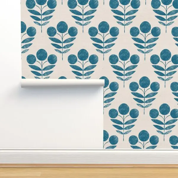 Spoonflower Mina's Mod Blooms Simple Block In 100% Natural Sisal Grasscloth Wallcovering