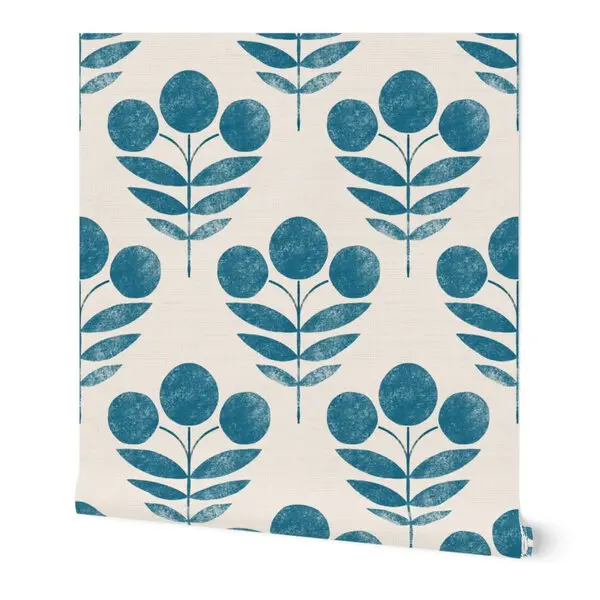 Spoonflower Mina's Mod Blooms Simple Block In 100% Natural Sisal Grasscloth Wallcovering