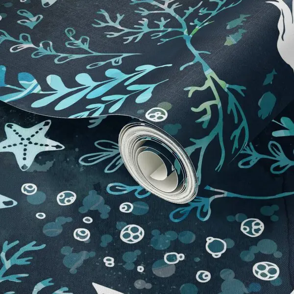 Spoonflower Turquoise Fish Mint Green Seaweed Sea Custom Pre-pasted Wallpaper - Turquoise,blue