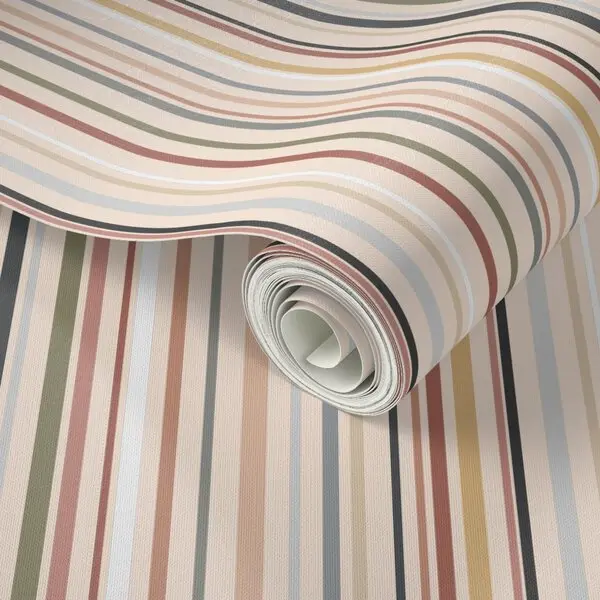 Spoonflower Vertical Stripes On Beige Custom Pre-pasted Wallpaper - Pink,brown