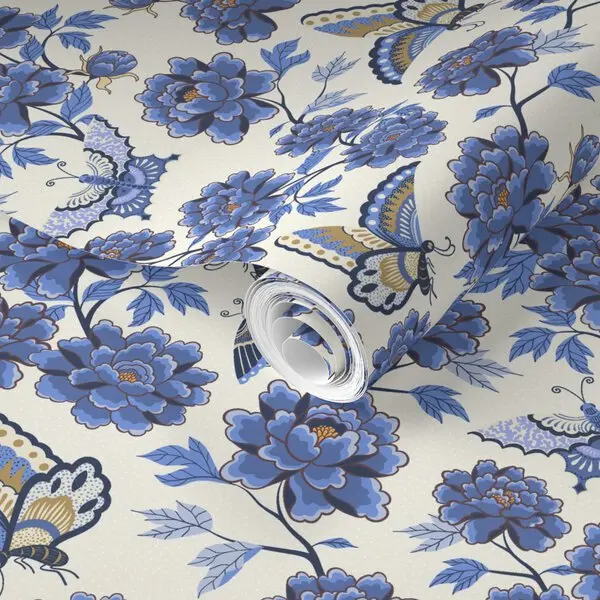 Spoonflower Peonies Butterflies Blue Chinoiserie Flowers Custom Removable Wallpaper - White,blue,gray