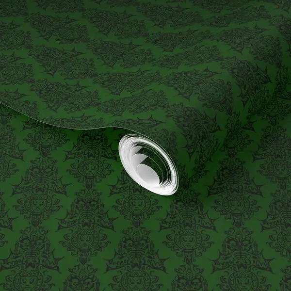 Spoonflower Bats Halloween Ghost Spooky Haunted Brocade Custom Pre-pasted Wallpaper - Green,black