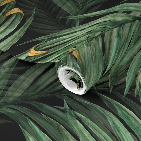 Spoonflower Black Green Leaves Nature Forest Wild Palm Custom Removable Wallpaper - Black,green,sage