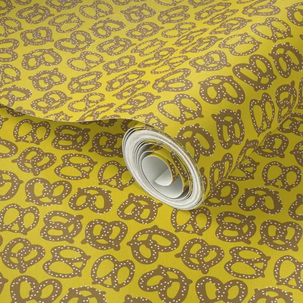Spoonflower Food Snack Mustard Pretzel Custom Pre-pasted Wallpaper - Yellow,brown