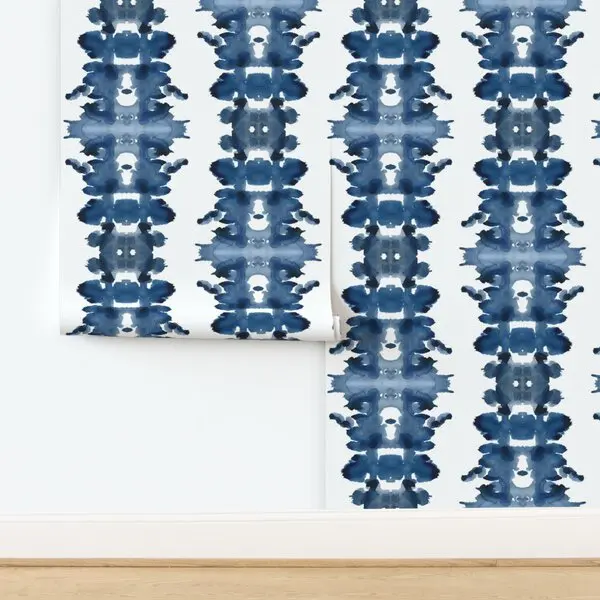 Spoonflower Ink Blot Paint Brush Stroke Ikat Blue And Green Custom Removable Wallpaper - Blue,white,gray