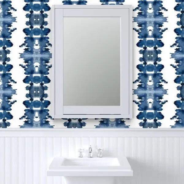 Spoonflower Ink Blot Paint Brush Stroke Ikat Blue And Green Custom Removable Wallpaper - Blue,white,gray