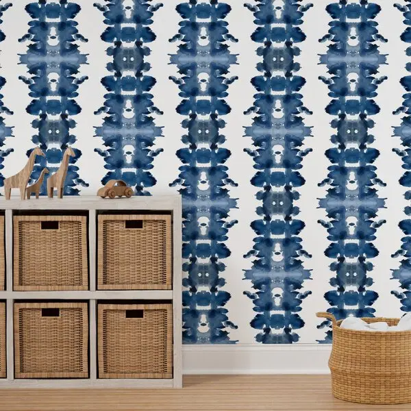 Spoonflower Ink Blot Paint Brush Stroke Ikat Blue And Green Custom Removable Wallpaper - Blue,white,gray