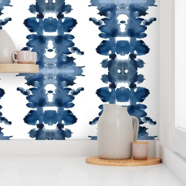 Spoonflower Ink Blot Paint Brush Stroke Ikat Blue And Green Custom Removable Wallpaper - Blue,white,gray