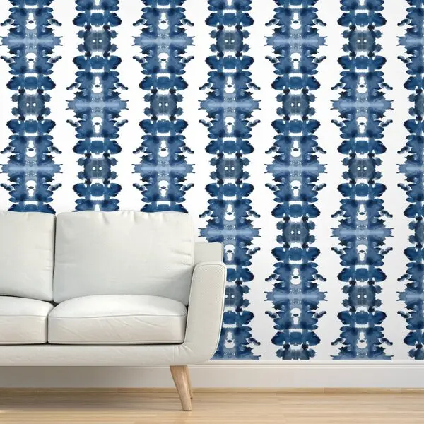Spoonflower Ink Blot Paint Brush Stroke Ikat Blue And Green Custom Removable Wallpaper - Blue,white,gray