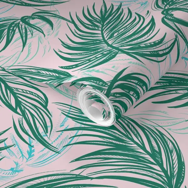 Spoonflower Pink Green Blue Palm Palms Leaves Custom Removable Wallpaper - Gray,teal,blue