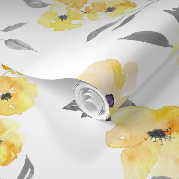 Spoonflower Floral Poppies Poppy Watercolor Yellow And Grey Traditional Wallpaper - Yellow,white,green