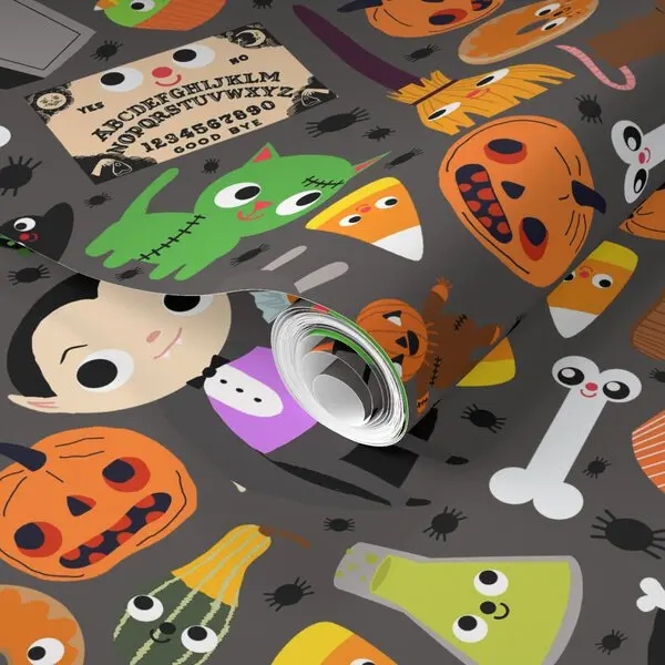 Spoonflower Halloween Pumpkin Candy Corn Kawaii Food Faces Traditional Wallpaper - Gray,orange,brown