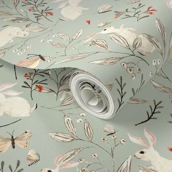 Spoonflower Cute Butterflies Woodland Baby Bunnies Meadow Custom Pre-pasted Wallpaper - Sage,green,gray