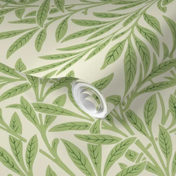 Spoonflower Willow Extra Large Leaves Vines Jungle Arts Custom Pre-pasted Wallpaper - Green,beige,white