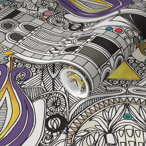 Spoonflower Flower Gold Tree Triangles Illustration Art Custom Pre-pasted Wallpaper - Gray,black,white