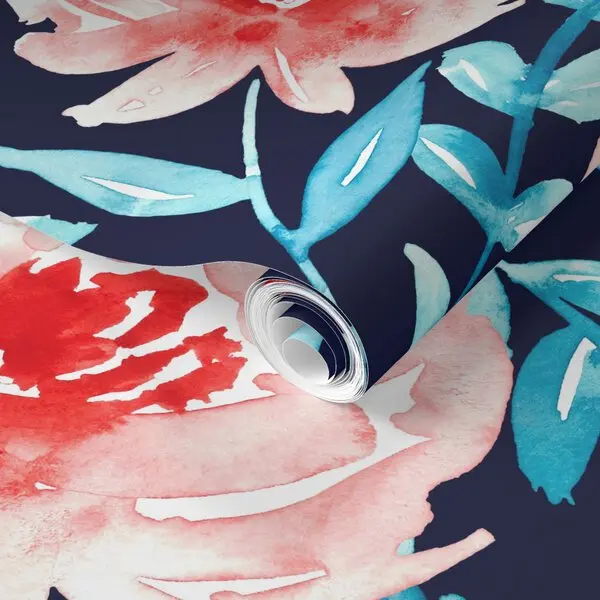 Spoonflower Coral Turquoise Navy Watercolor Floral Flowers Traditional Wallpaper - Blue,pink,red