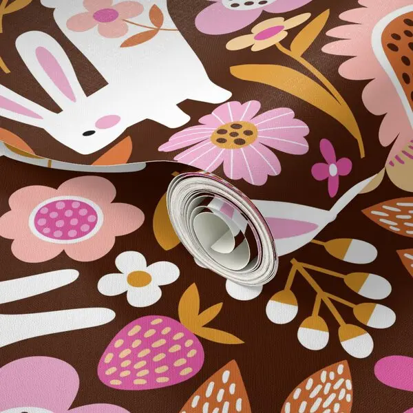Spoonflower Pink Flower White Cute Floral Woodland Animal Custom Pre-pasted Wallpaper - Pink,brown,red