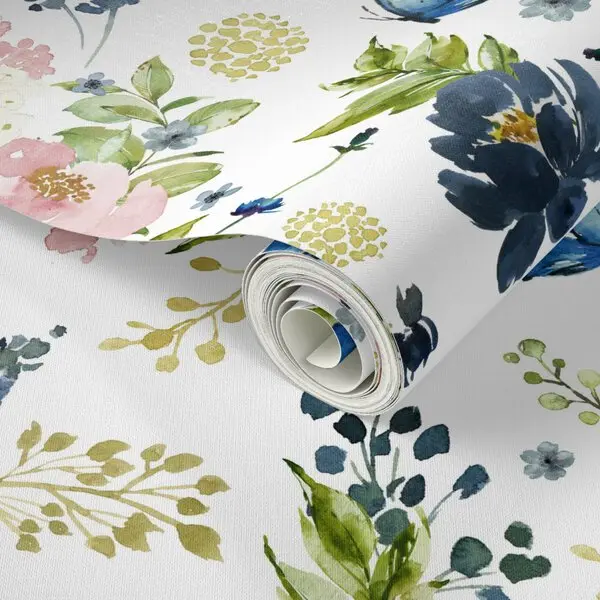 Spoonflower Indigo Pink Floral Bouquet Flowers Boho Custom Pre-pasted Wallpaper - White,pink,blue