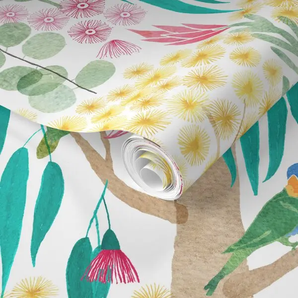 Spoonflower Flowers Leaves Australian Koala Wildlife Wattle Traditional Wallpaper - Beige,green,yellow