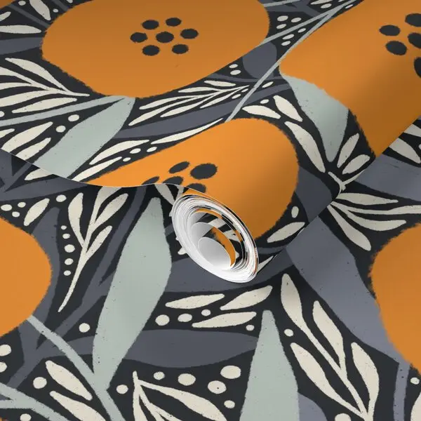 Spoonflower Floral Orange Bold Retro Mod Custom Removable Wallpaper - Orange,gray,purple