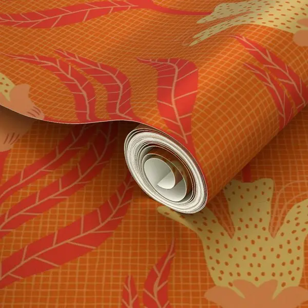 Spoonflower Pink Flower Vintage Cream Floral Retro Orange Custom Pre-pasted Wallpaper - Pink,cream,orange