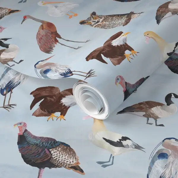 Spoonflower Blue Nature Birds Owl Animals Goose Sky Traditional Wallpaper - Blue,black,brown