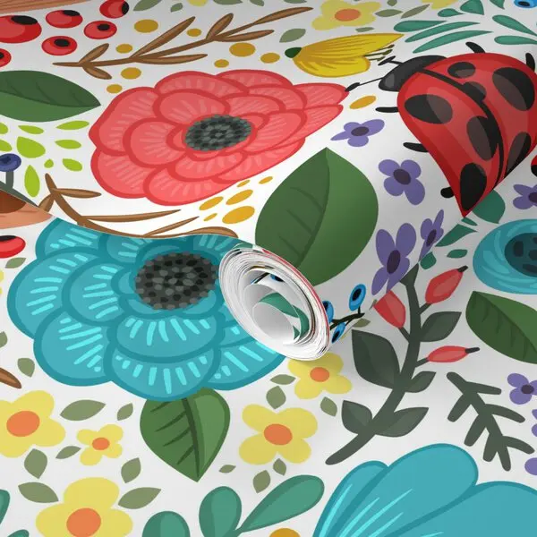 Spoonflower Spring Summer Flowers Cute Pink Blue Ladybug Lady Traditional Wallpaper - Gray,red,pink