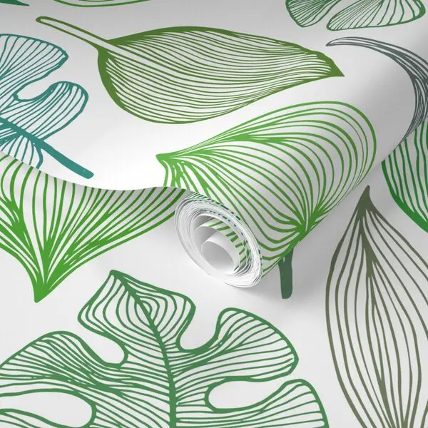 Spoonflower Green Leaves Pattern Plants Nature Trees Tropical Custom Removable Wallpaper - Green,white