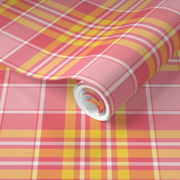 Spoonflower Pink Yellow Plaid Spring Summer Tartan Feminine Custom Pre-pasted Wallpaper - Pink,yellow,coral