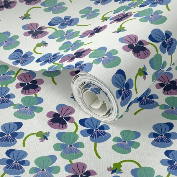 Spoonflower Flower Floral Pansy Violets Custom Pre-pasted Wallpaper - Gray,blue,purple
