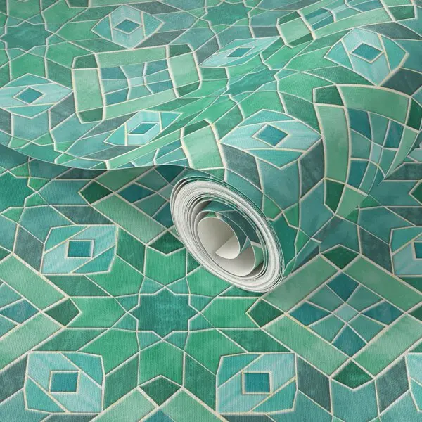 Spoonflower Teal Tiles Moroccan Geometric Mosaic Blue Custom Pre-pasted Wallpaper - Blue,green,mint