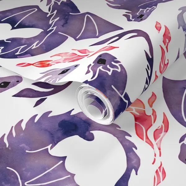 Spoonflower Purple Plum Fire Fantasy Mauve Mythical Dragon Custom Removable Wallpaper - Purple,white,blue