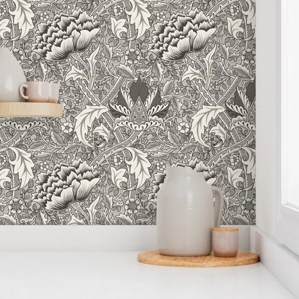 Spoonflower Windrush Victorian Botanical Traditional Wallpaper - Gray