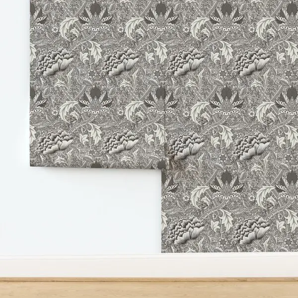 Spoonflower Windrush Victorian Botanical Traditional Wallpaper - Gray