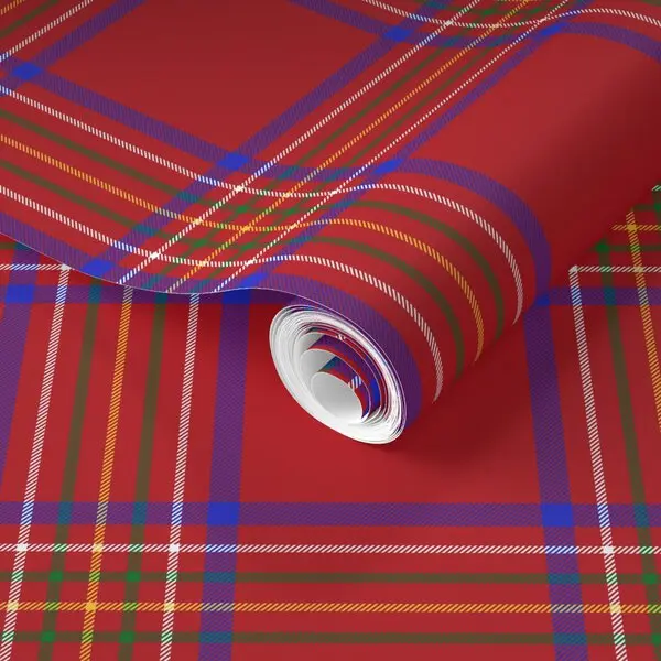 Spoonflower Blue Yellow Plaid Red Tartan Scottish Burnett Custom Pre-pasted Wallpaper - Red,blue,purple