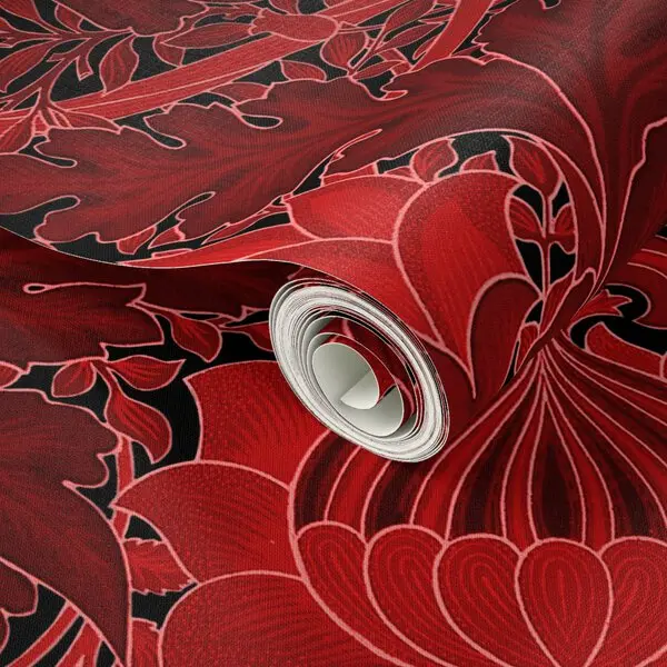 Spoonflower Damask Red Black Art Nouveau Victorian Floral Custom Removable Wallpaper - Red,black,brown