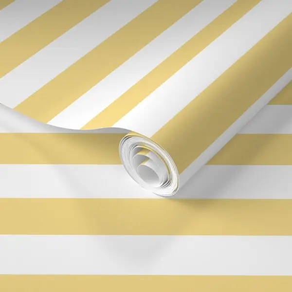 Spoonflower Yellow Stripes Pattern Large Horizontal Pastel Custom Pre-pasted Wallpaper - Yellow,gray,brown