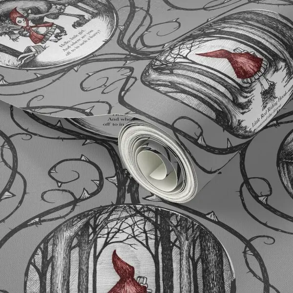 Spoonflower Little Red Forest Gothic Halloween Fairy Tale Traditional Wallpaper - Black,white,gray