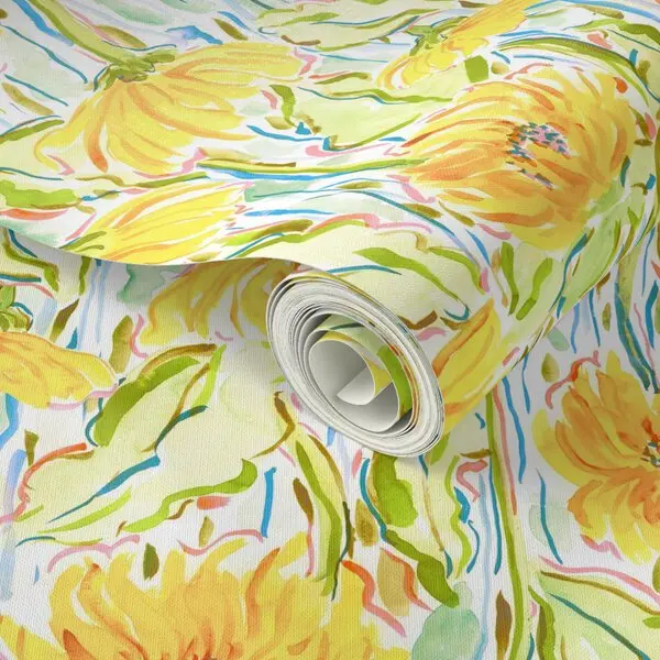 Spoonflower Hippie Sunflowers Yellow Floral Boho Summer Custom Pre-pasted Wallpaper - Yellow,gray,sage