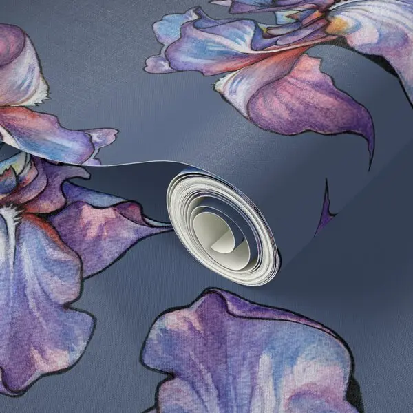 Spoonflower Iris Watercolor Pattern Flower Blue Grey Floral Custom Removable Wallpaper - Blue,purple
