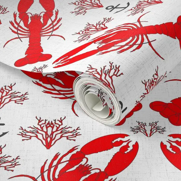 Spoonflower Lobster Modern Nautical Beach Coastal Red And Custom Removable Wallpaper - Red,white,gray