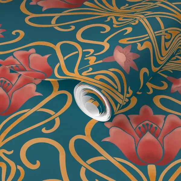Spoonflower Flower Blue Nature Tulip Art Nouveau Custom Pre-pasted Wallpaper - Orange,brown,green
