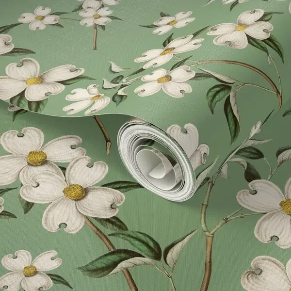 Spoonflower Flower White Green Brown Floral Japanese Custom Pre-pasted Wallpaper - Green,beige,black