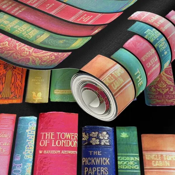 Spoonflower Antique Books Vintage Bookshelf Victorian Novelty Traditional Wallpaper - Black,red,pink