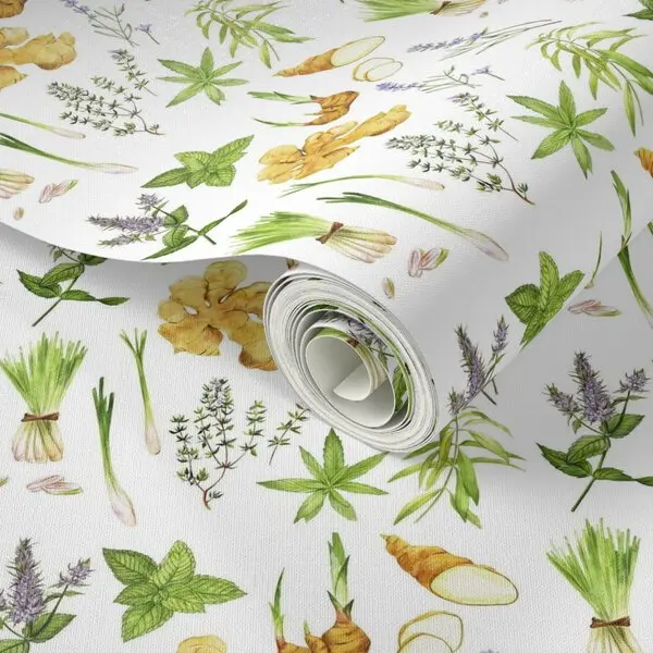Spoonflower Sage Garden Kitchen Lavender Spice Culinary Custom Pre-pasted Wallpaper - Gray,green