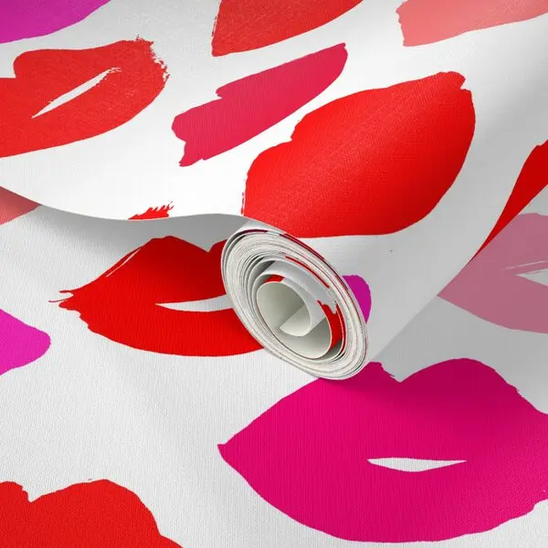 Spoonflower Lips Lipstick Fashion Beauty Makeup Valentines Custom Removable Wallpaper - White,pink,brown