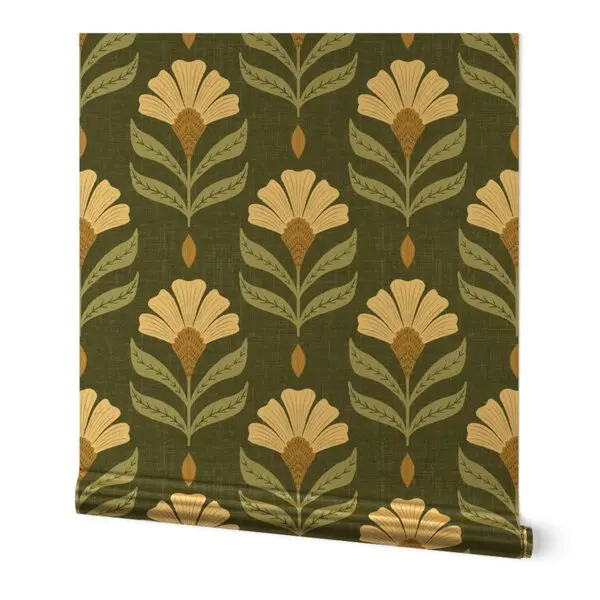 Spoonflower Flower Floral Wallpaper Simple Decor Hand Drawn Custom Pre-pasted Wallpaper - Green