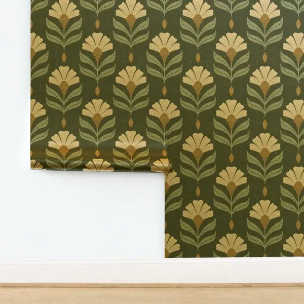 Spoonflower Flower Floral Wallpaper Simple Decor Hand Drawn Custom Pre-pasted Wallpaper - Green
