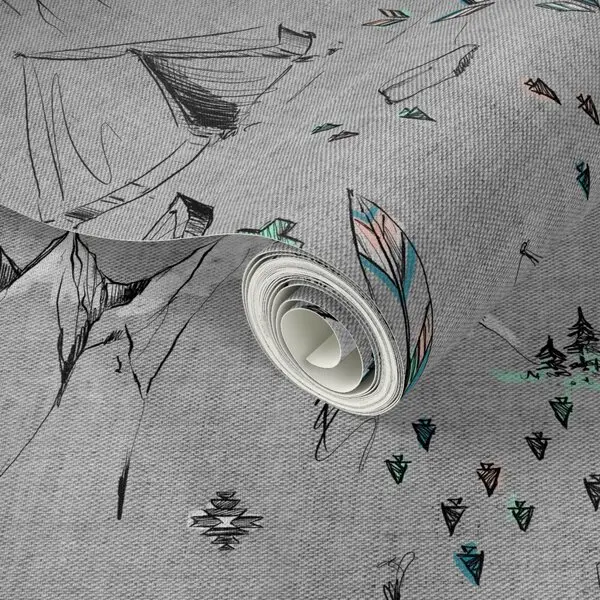 Spoonflower Trees Fishing Camping Arrow Tent Mountain Kayak Custom Pre-pasted Wallpaper - Gray,black,white